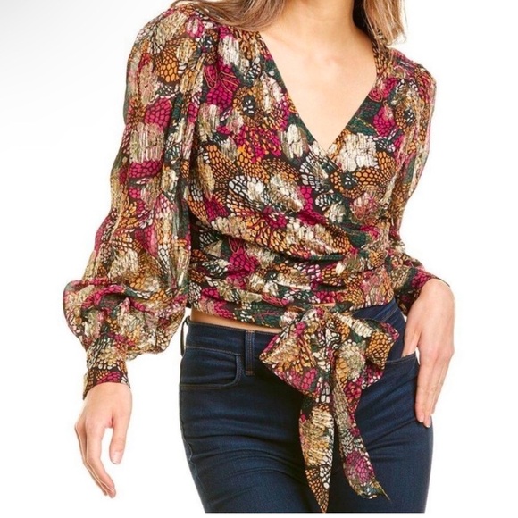 Tops | Bash Multicolor Metallic Gold Floral Print Wrap Blouse Xs | Poshmark